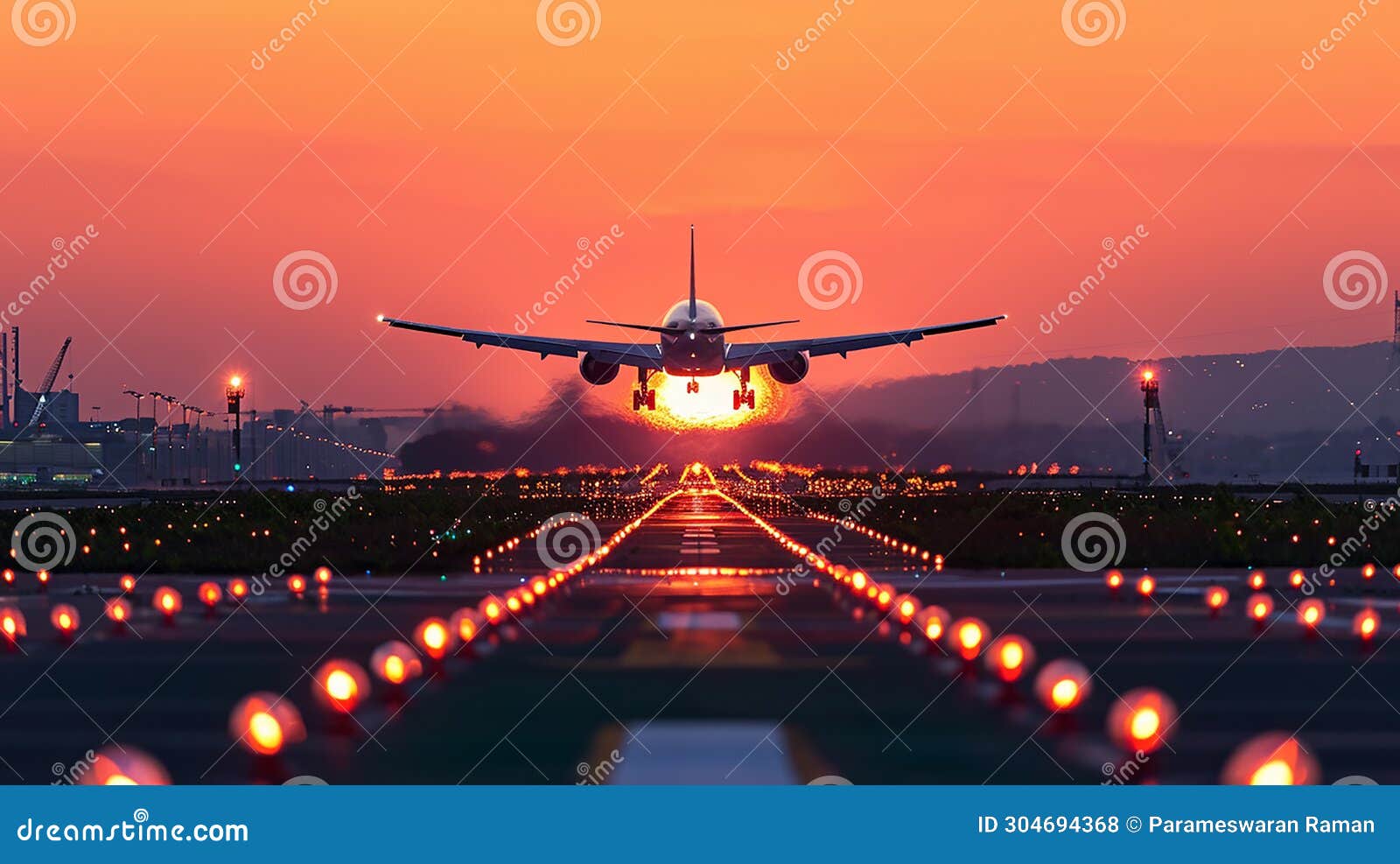 Airplane Taking Off at Sunrise Stock Illustration - Illustration of ...