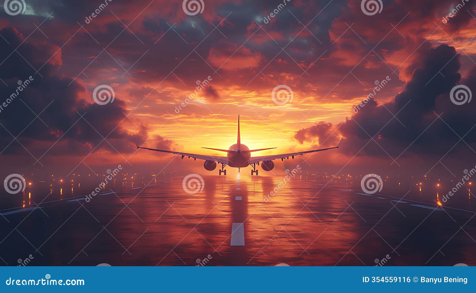 Airplane Taking Off at Sunset, Dramatic Sky, Runway Reflection Stock ...