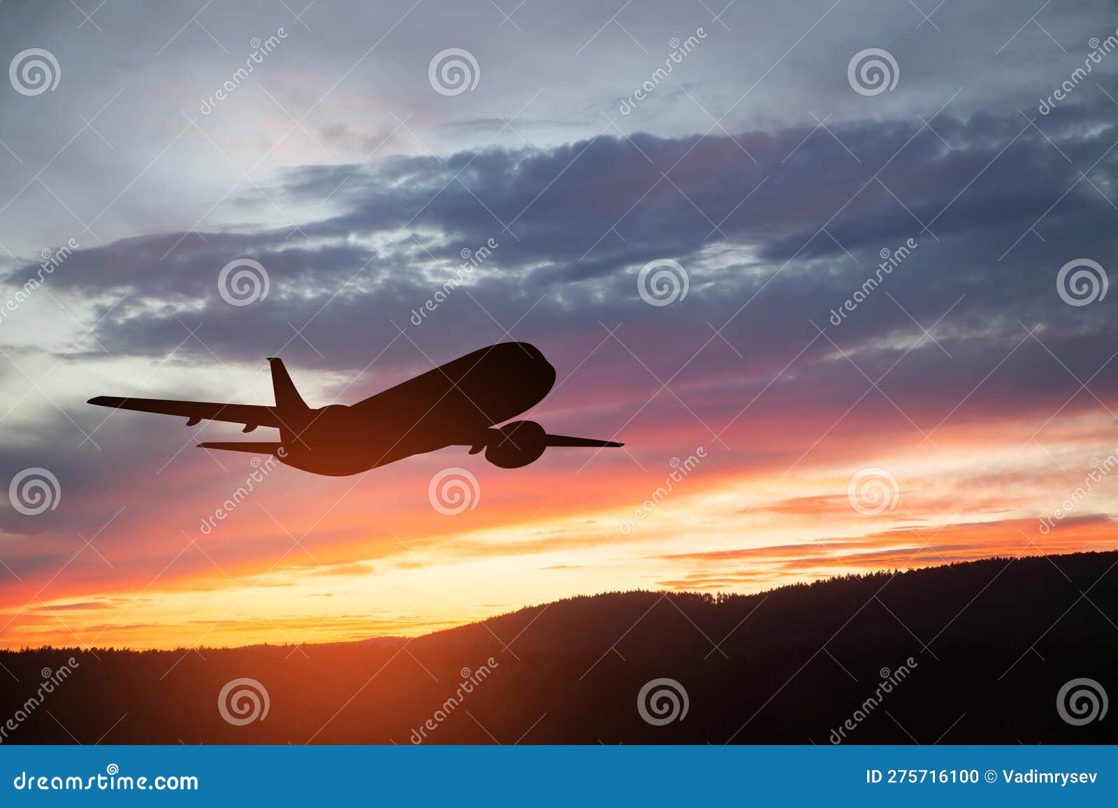 Airplane Taking Off at the Sunset Sky. Stock Photo - Image of horizon ...