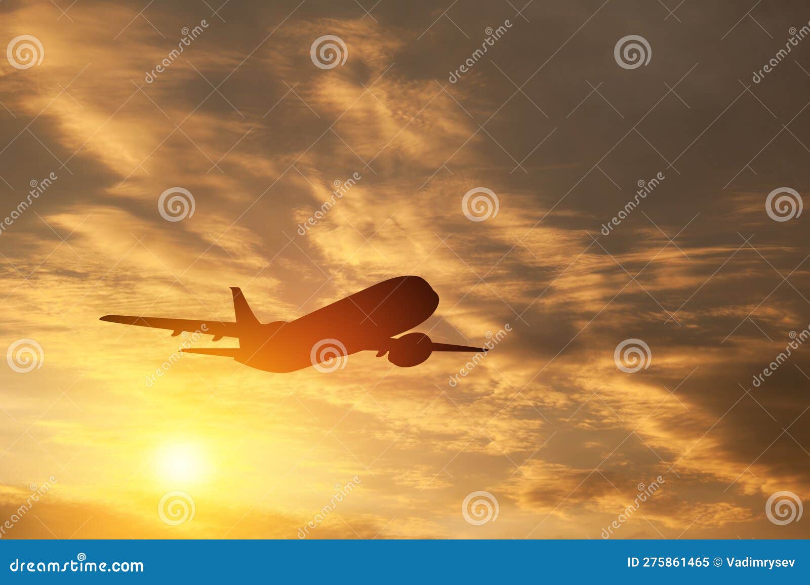Airplane Taking Off at the Sunset Sky. Stock Image - Image of clear ...