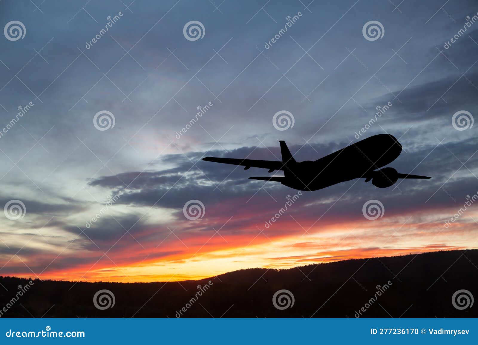 Airplane Taking Off at the Sunset Sky. Stock Photo - Image of aviation ...