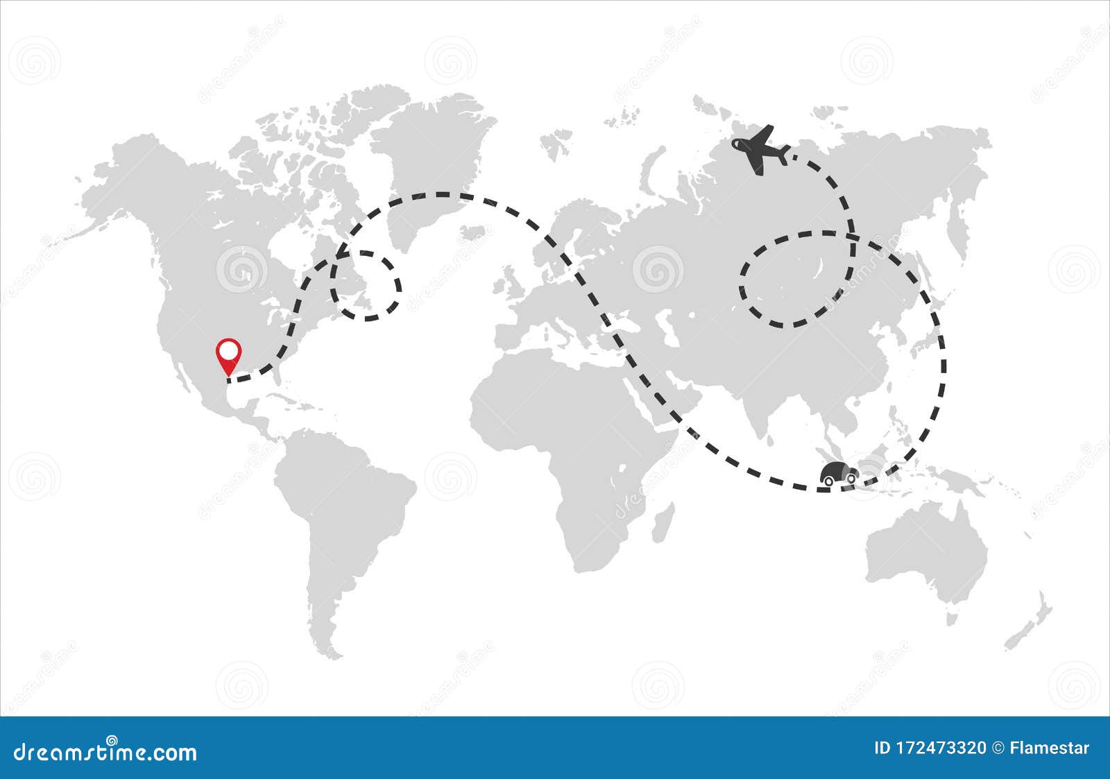 Airplane Track To Point With Dashed Line Way And World Map On White ...