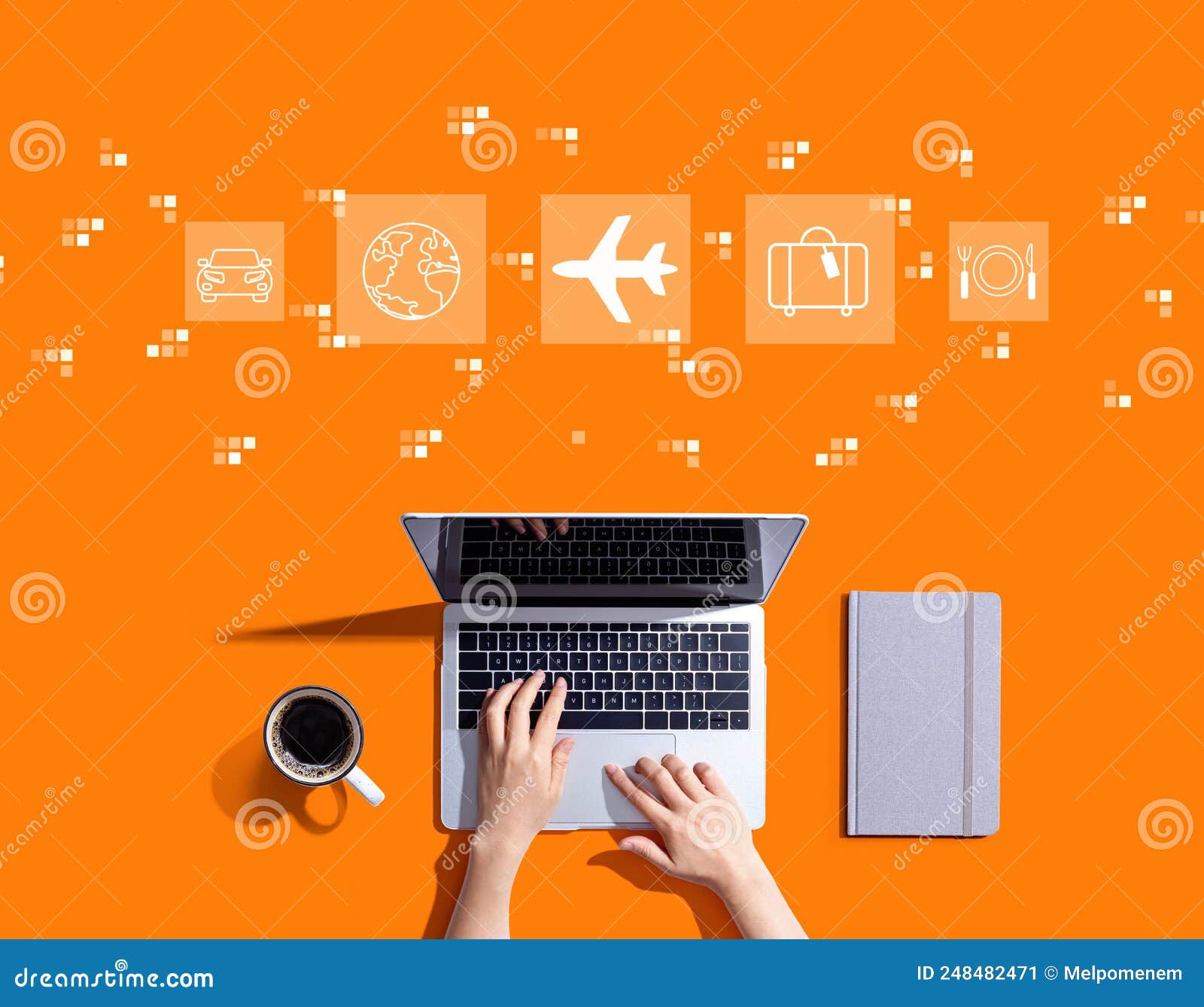 Airplane Travel Theme with Person Using a Laptop Stock Illustration ...