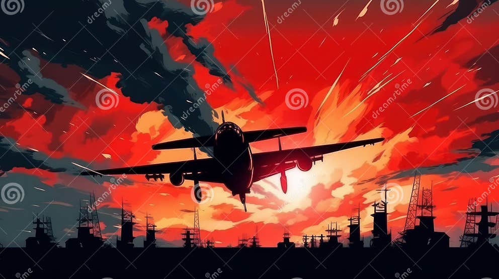 Airplane at war at sunset stock illustration. Illustration of aircrew ...