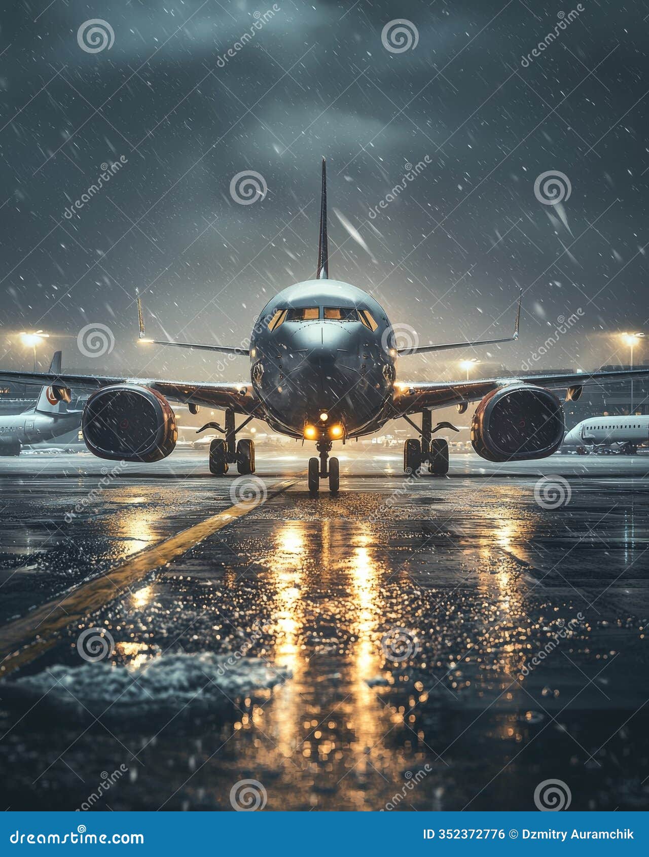 The Airplane Was Moving Along a Wet Runway Amid a Heavy Snowfall. Stock ...