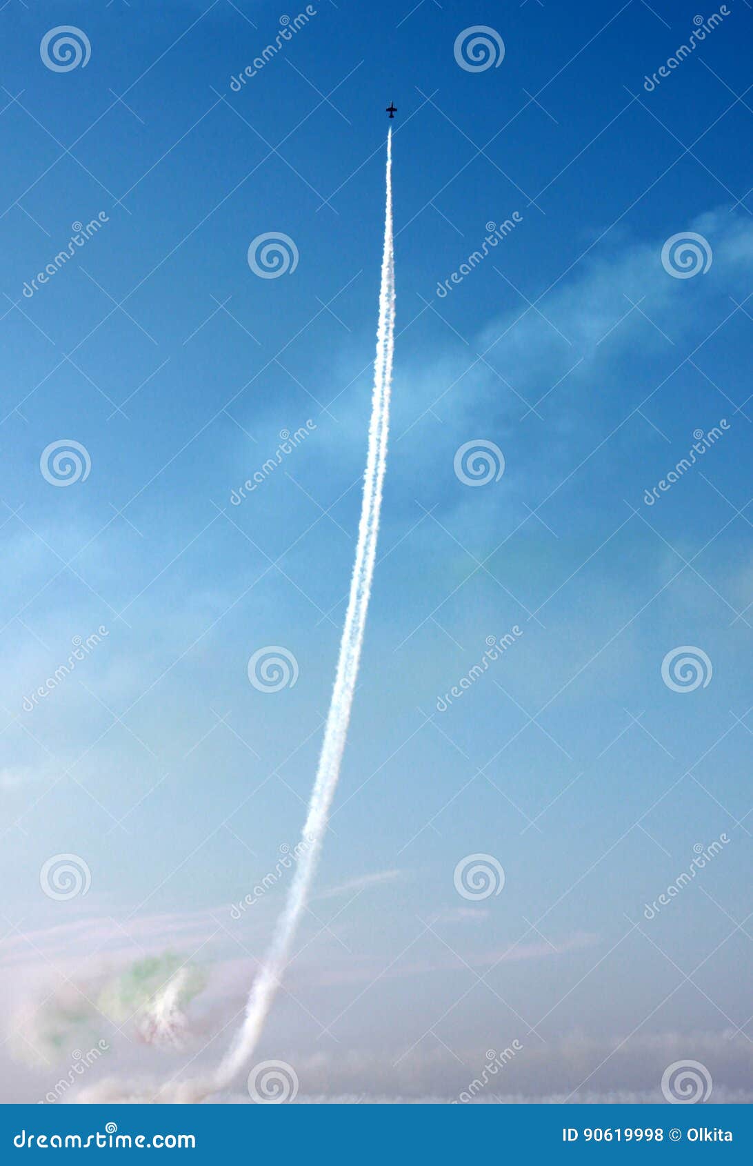 Airplane and White Track on Blue Sky Background, Vertical View. Stock ...