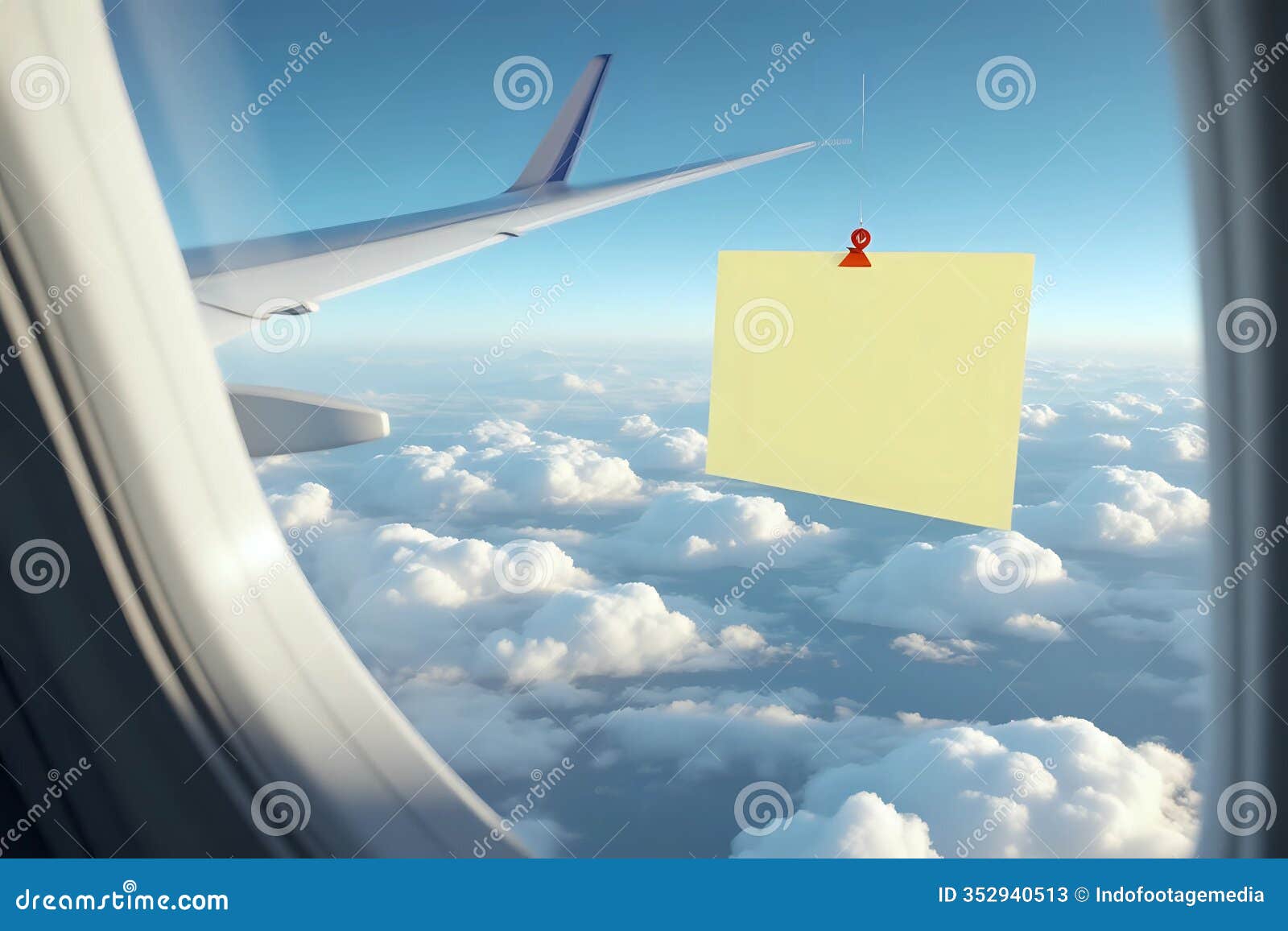 Airplane Window with Blank Sticky Note for Text and Aerial View of ...