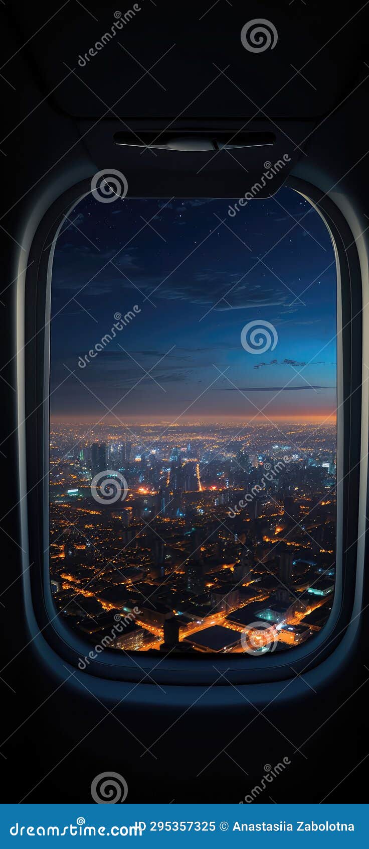 An Airplane Window with a View of a City at Night Stock Illustration ...