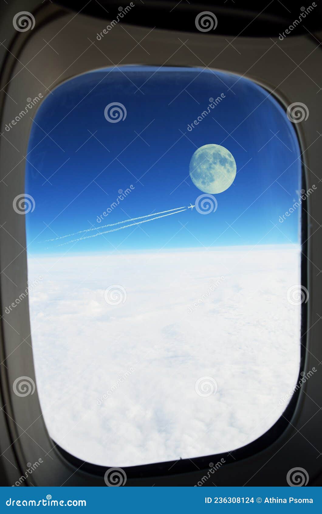 Airplane Window with View with Full Moon and an Airplane in Flight ...
