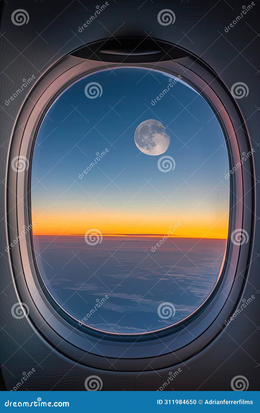 Airplane Window View of the Moon and Sunset Horizon. Stock Photo ...