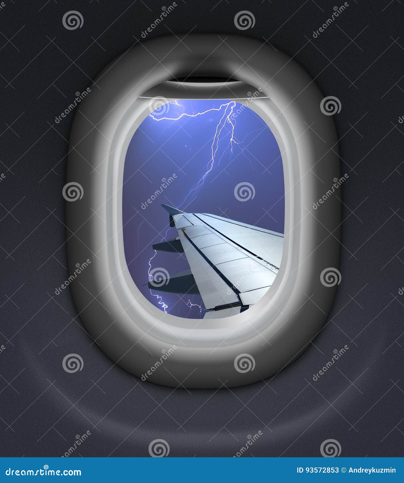 Airplane Window View In Storm With Thunderbolt 3d Illustration Royalty ...