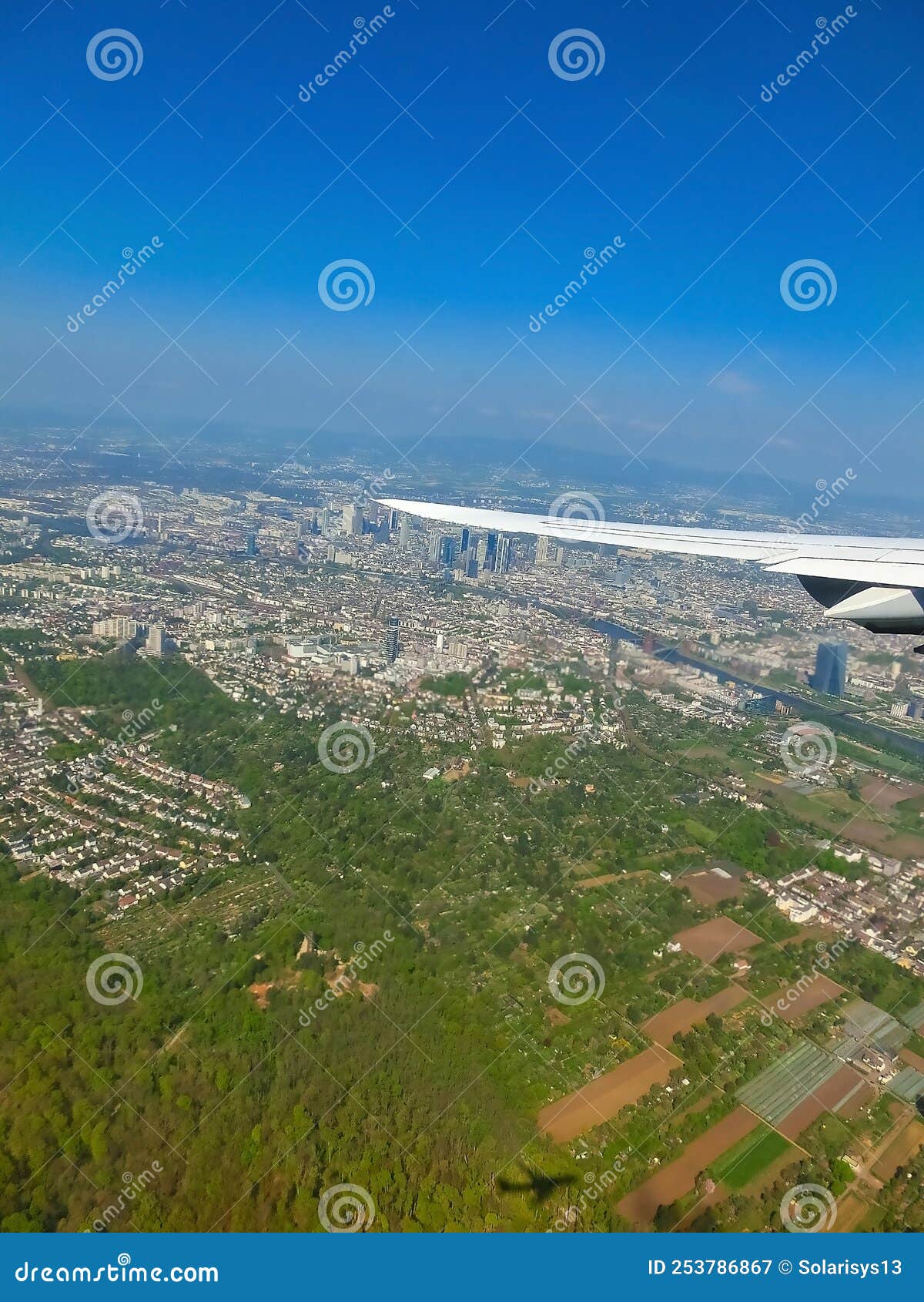 Airplane Window View of Wing, Highway Junctions and Green Forest. Stock ...