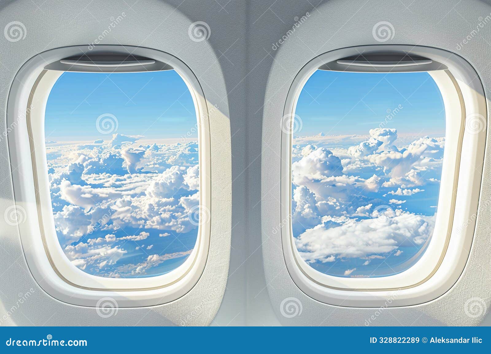 Airplane Windows with Fluffy Clouds Outside. Ai Generative Stock Image ...