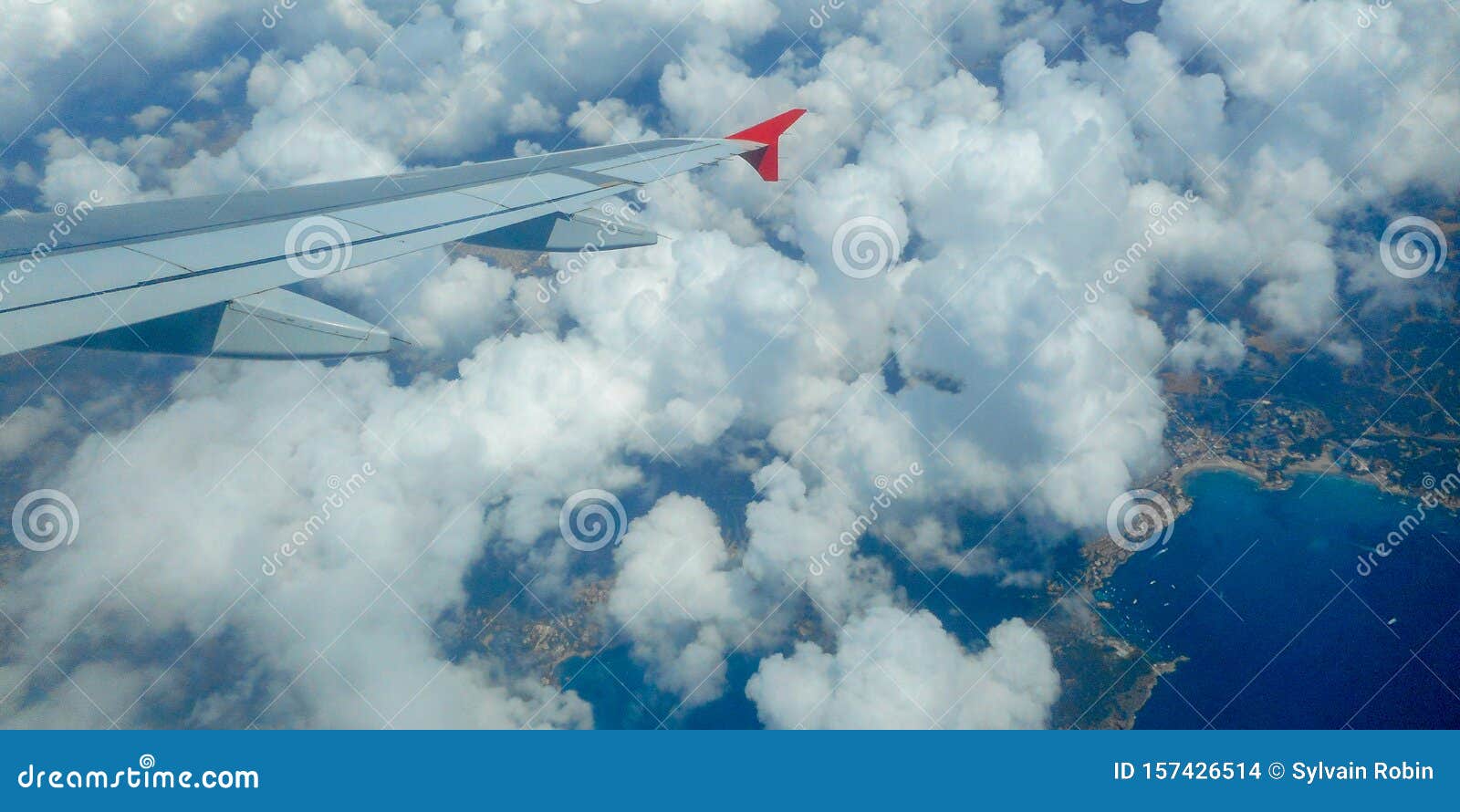 Airplane Wing in the Cloudy Blue Sky in Web Banner Template Header from ...