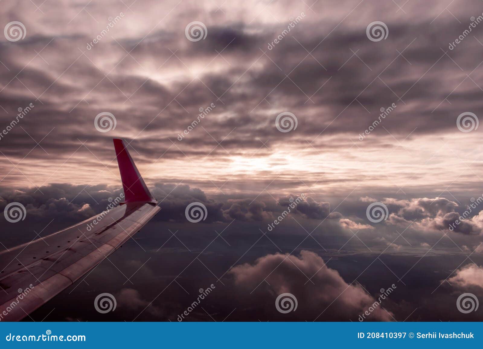 Airplane Wing in the Dark Evening Sky. Stock Image - Image of airline ...