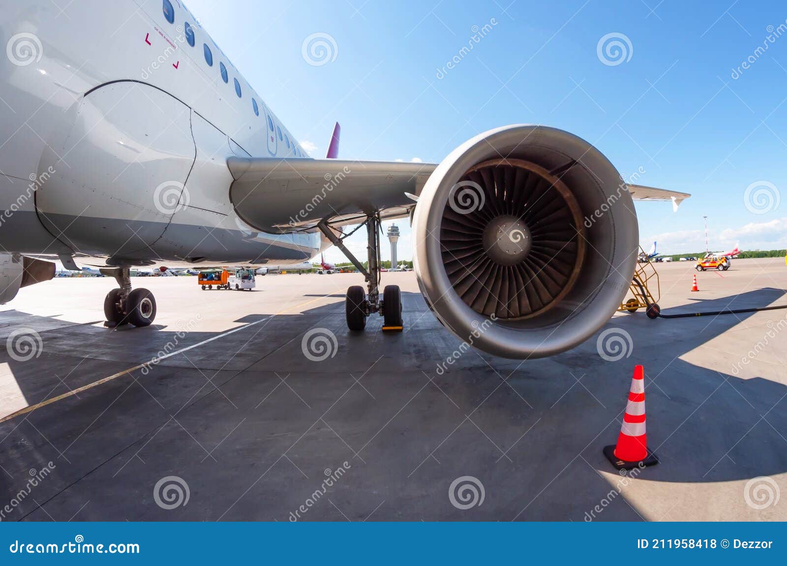 Airplane Wing with Engine, View Under the Plane during Flight Service ...
