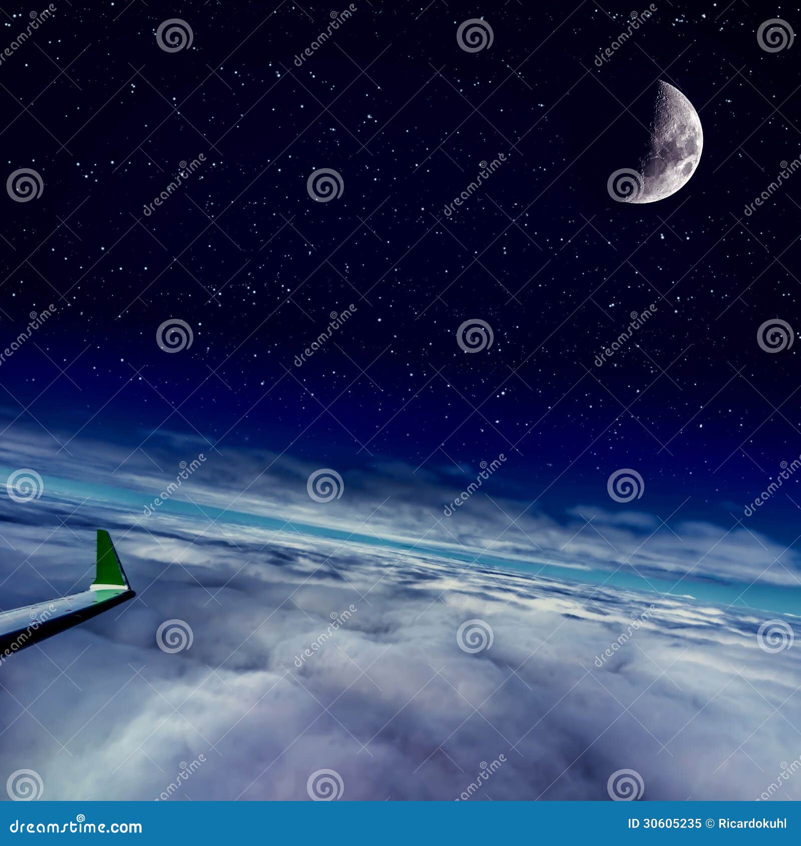 Airplane Wing on Flight Over Cloud and the Moon Stock Image - Image of ...