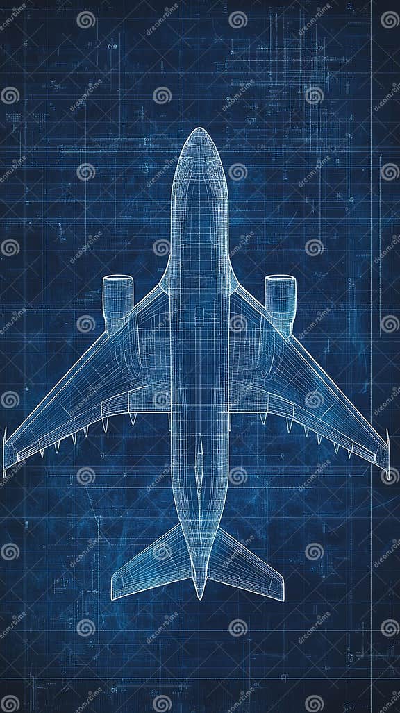 Airplane Wireframe Drawing on Blue Background with Grid Stock Illustration - Illustration of ...
