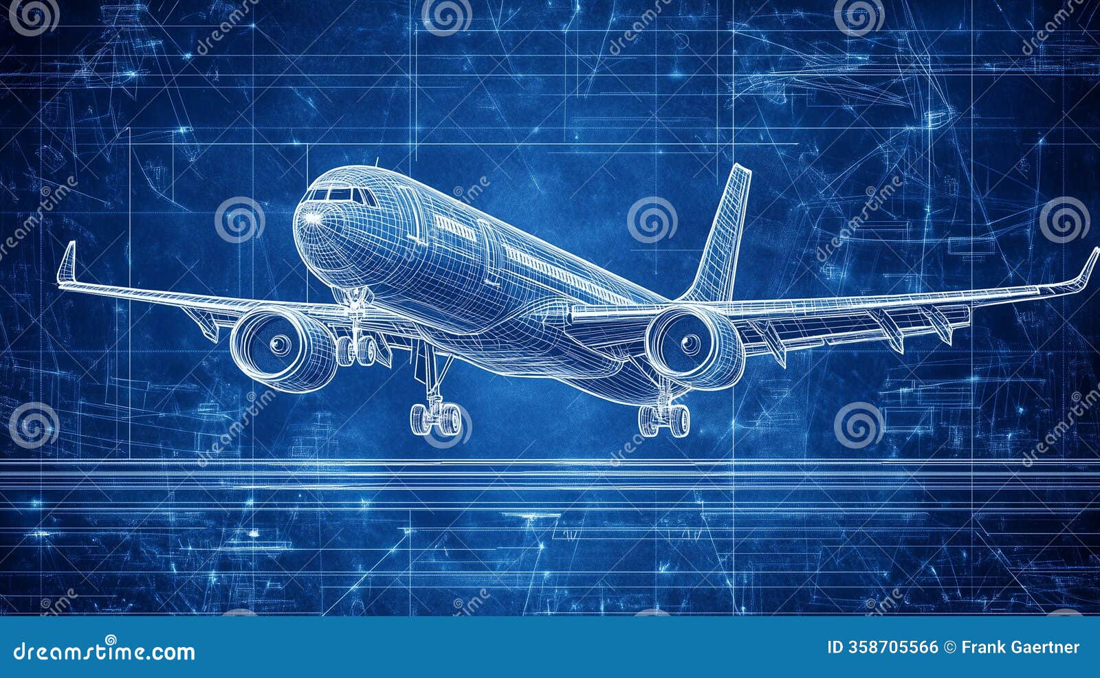 Airplane Wireframe Taking Off from a Blueprint Background, Representing ...