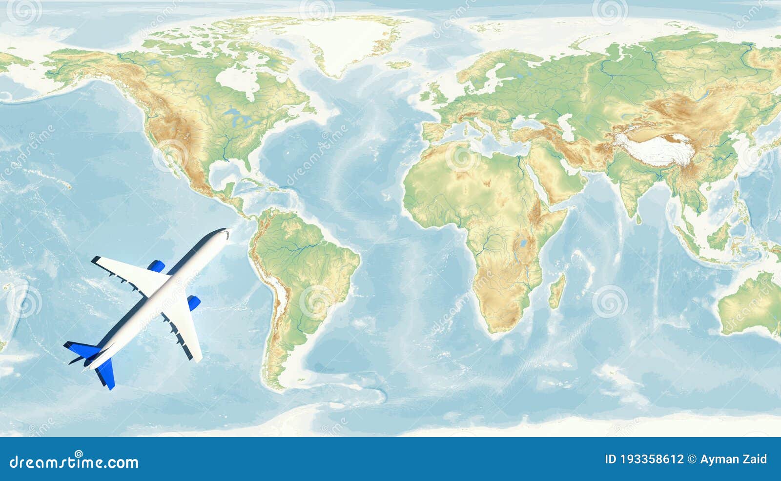 Airplane on World Map Background. Concept Travel. Empty Space for Text ...
