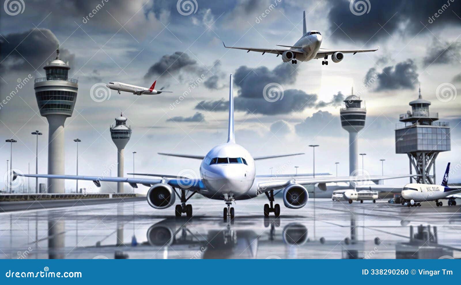 Airplanes at an Airport with Control Towers in the Background Stock ...