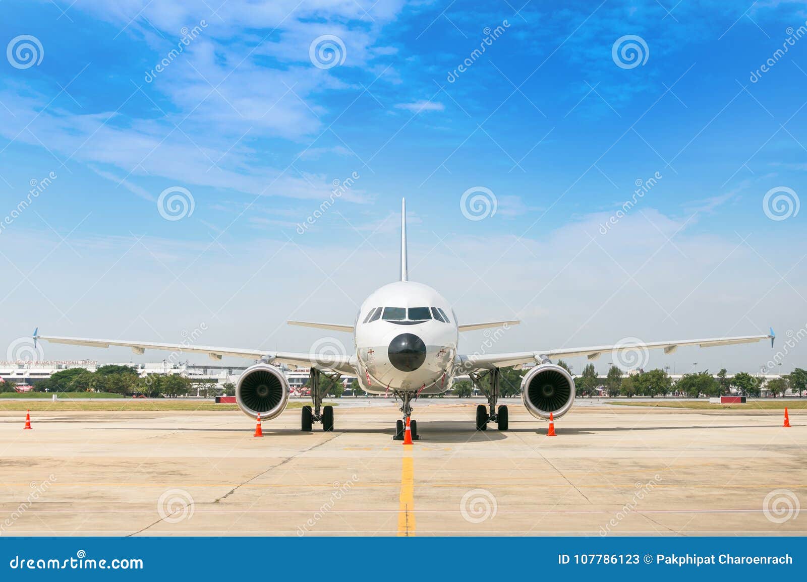 Airport Building and Airplane on Runway. Stock Image - Image of ...