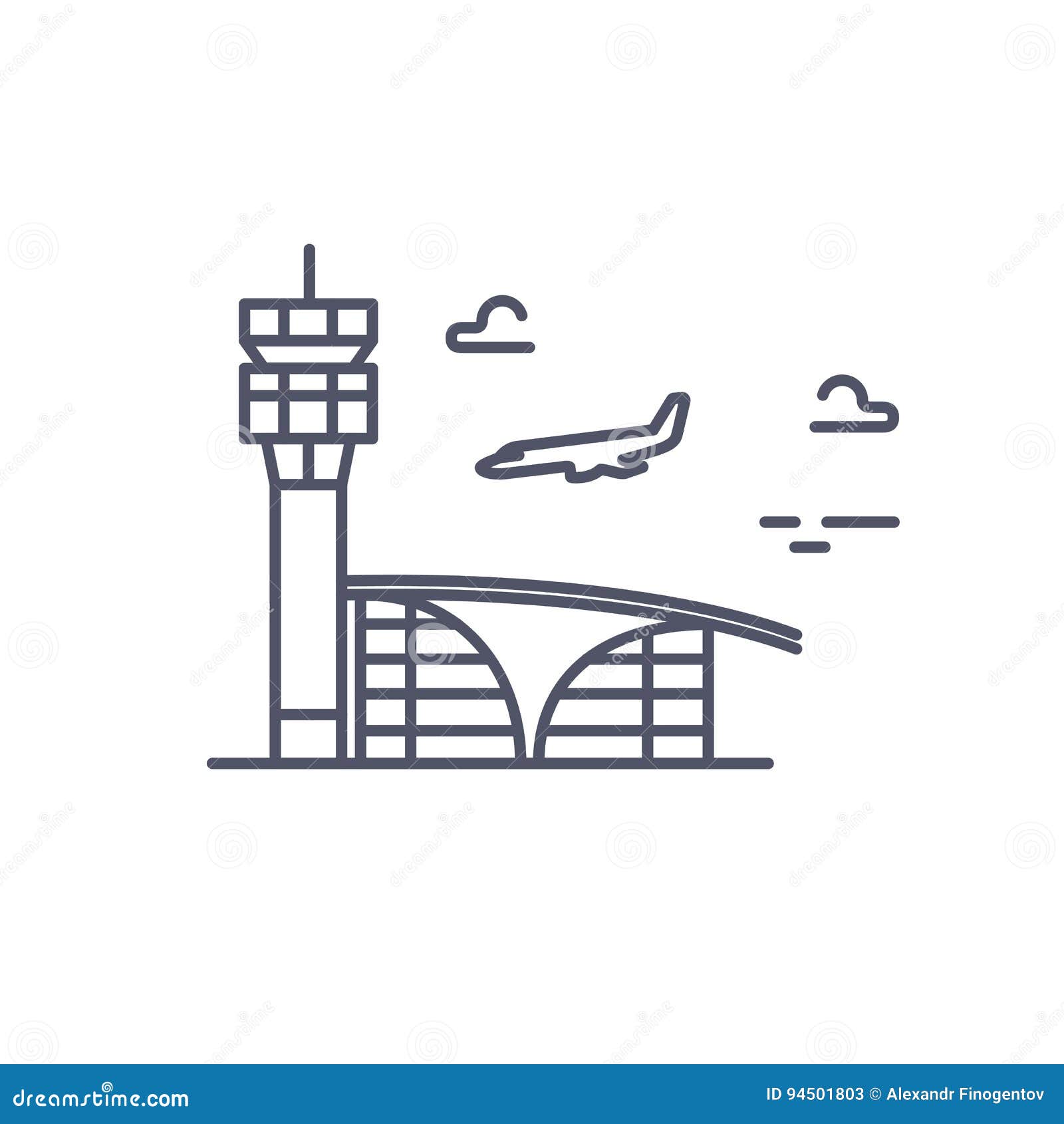 Airport Building. Plane is Landing. Vector Line Icon Stock Vector ...