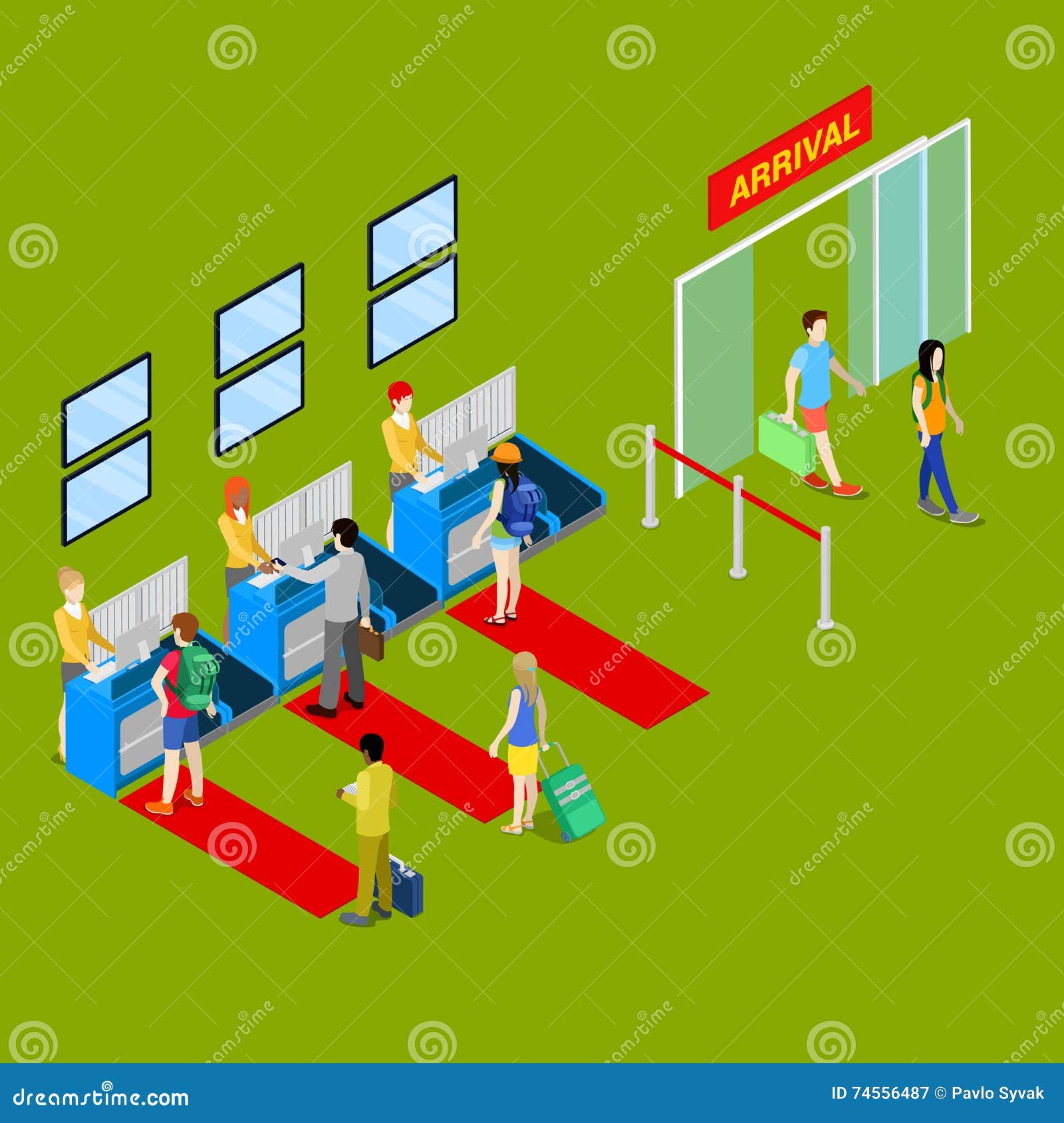 Airport Check-in Point with Isometric People with Baggage Stock Vector ...