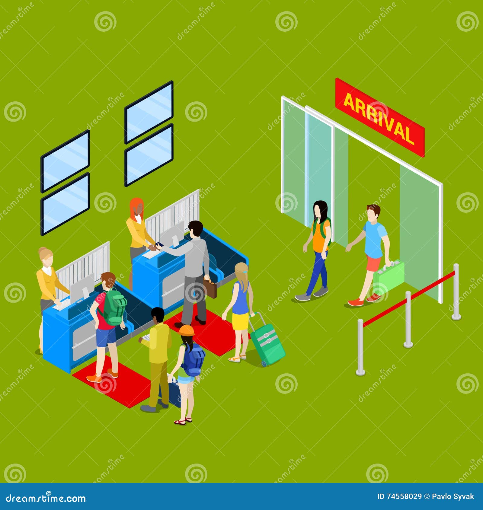 Airport Check-in Point with Isometric People with Baggage Stock Vector ...