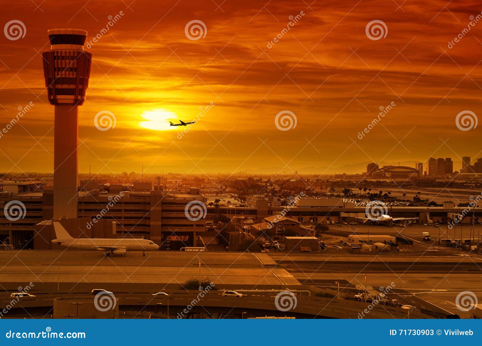 Airport Control Tower At Silhouette Background, Radar Tower Plane ...