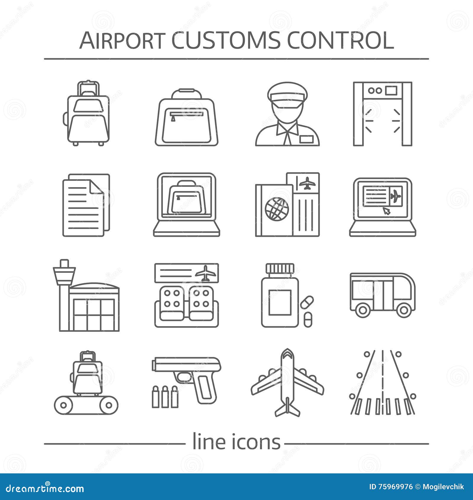 Airport Customs Control Linear Icons Stock Vector - Illustration of ...