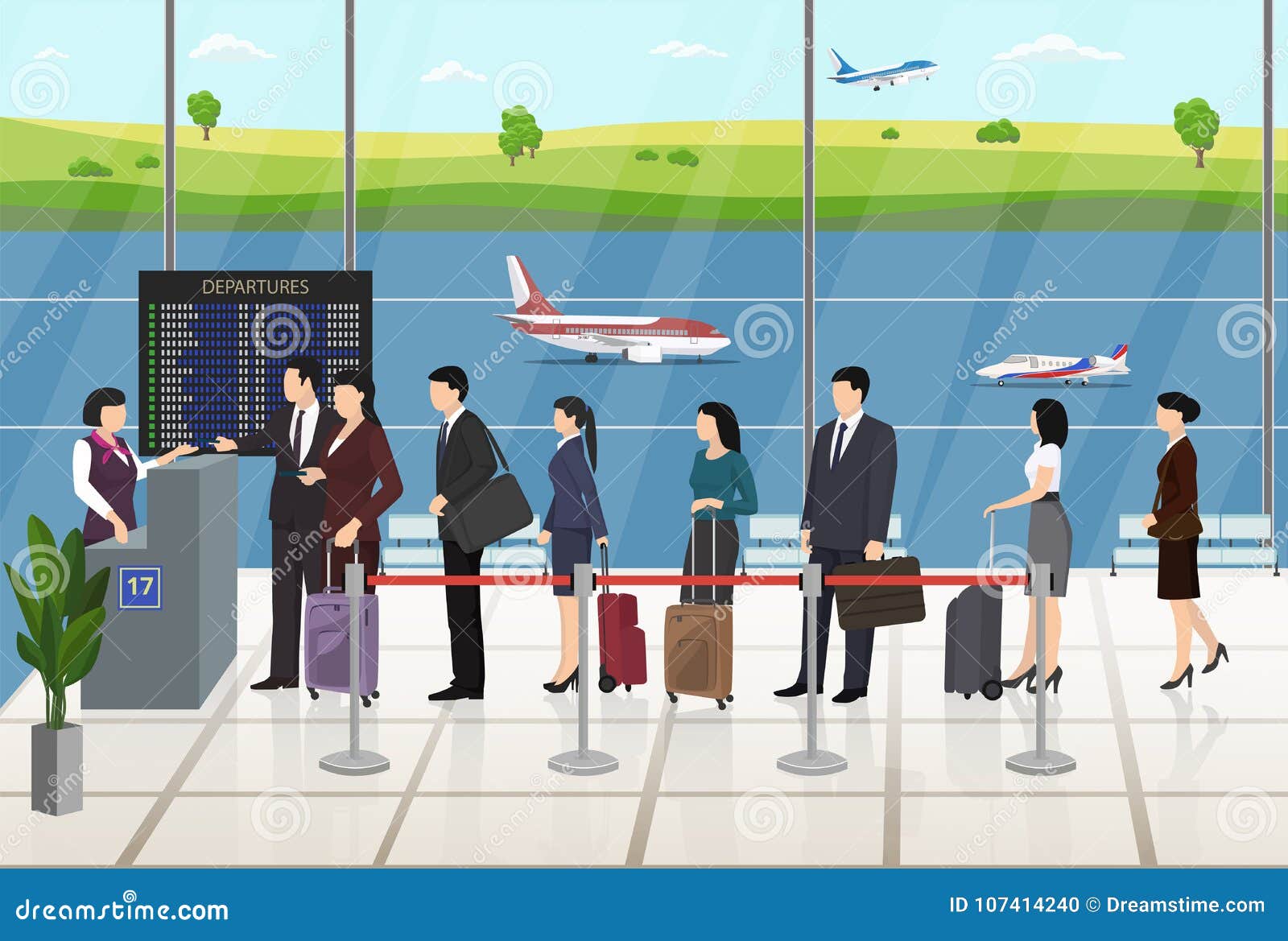 Airport Passengers Registration Waiting in Line Stock Vector ...