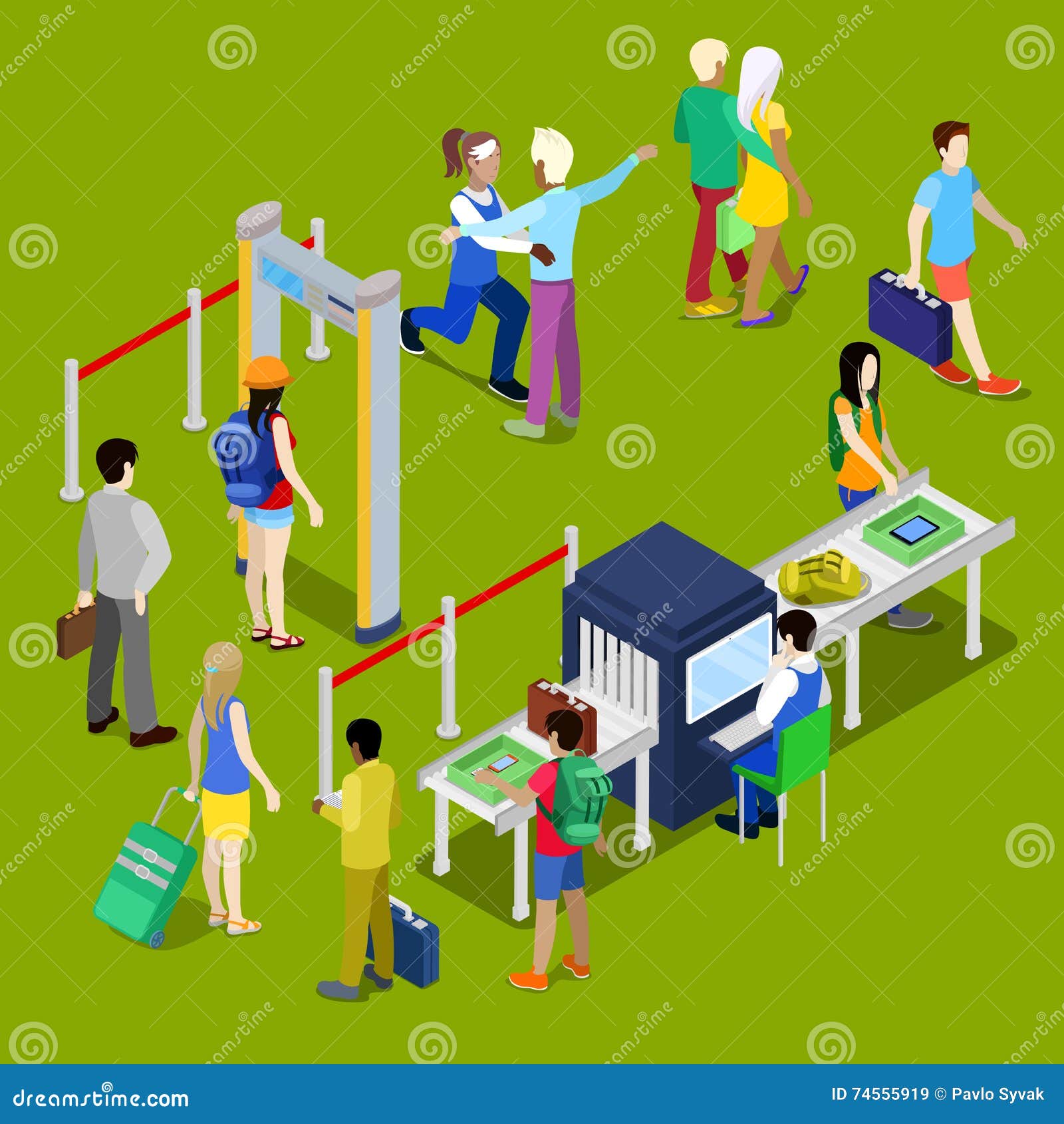 Airport Security Checkpoint With A Queue Of Isometric People With ...