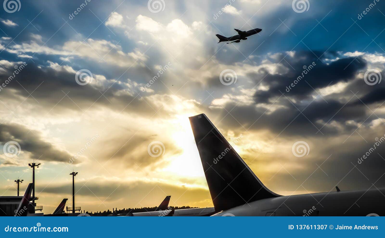 Airport Sunset with an Airplane Takeoff Stock Image - Image of clouds ...