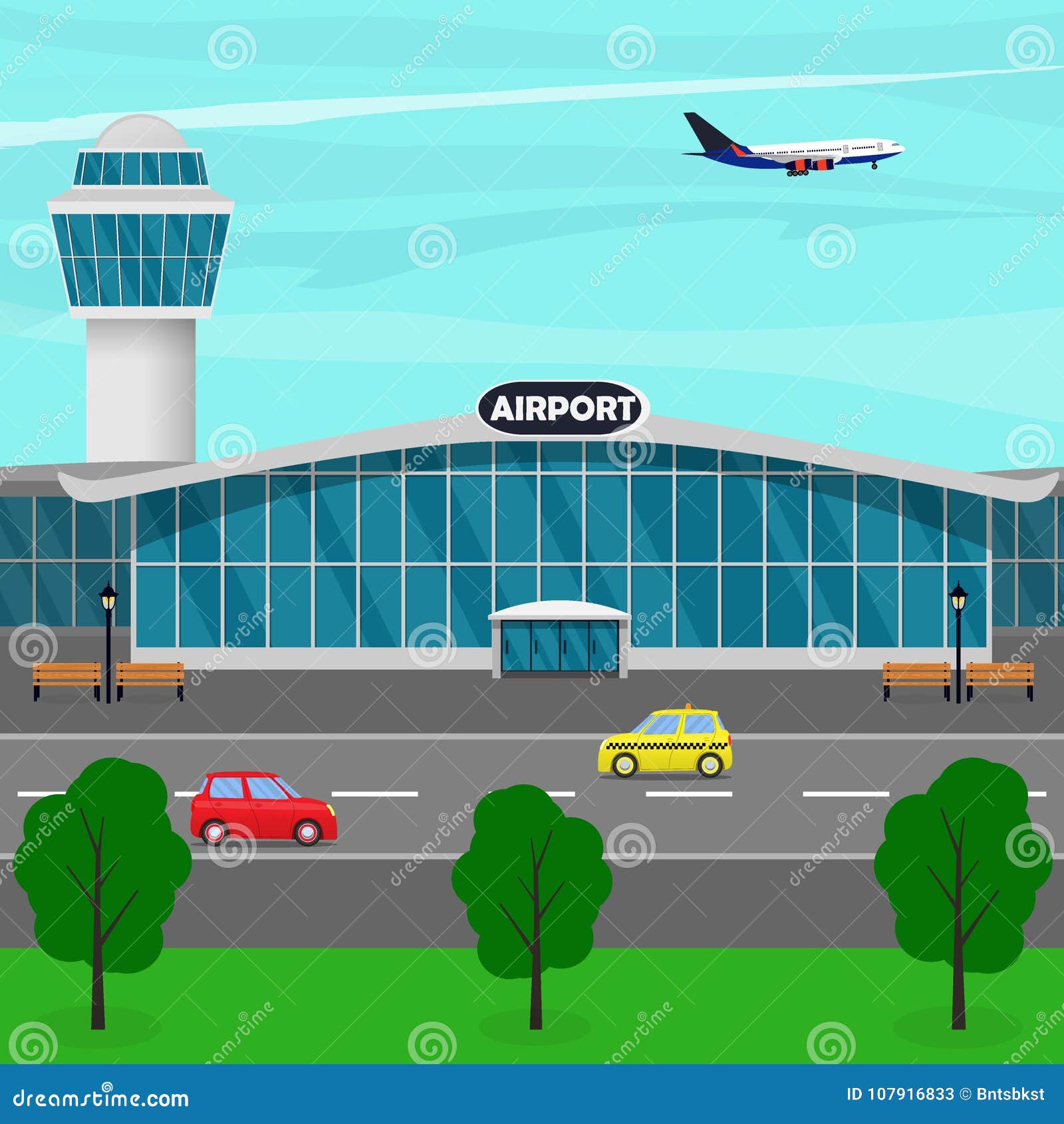 Airport Terminal Building, Control Tower, Plane Taking Off, Taxi Drives ... Airport Terminal Building, Control Tower, Plane Taking Off, Taxi Drives ...