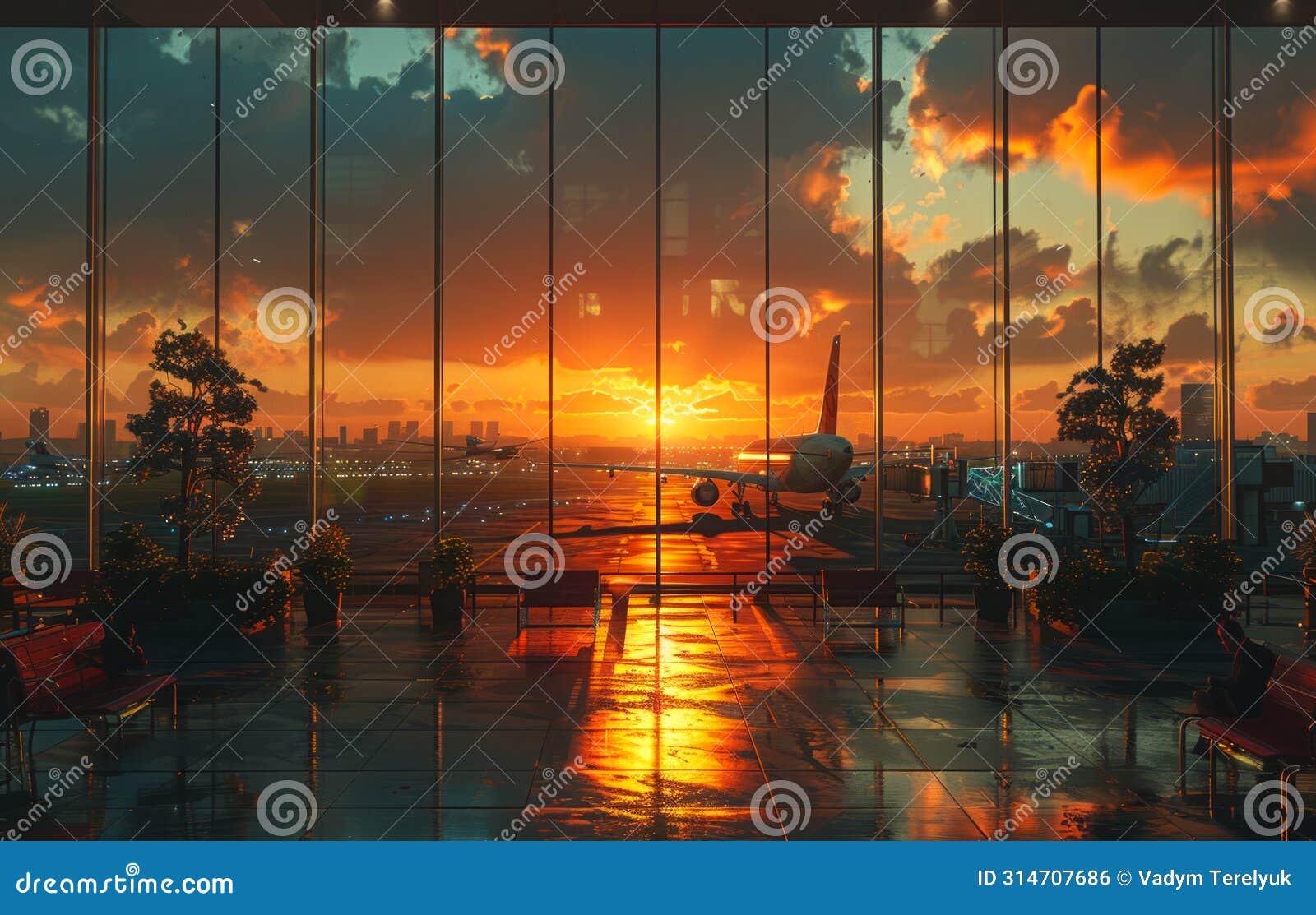 Airport Terminal at Sunset and Airplane Taking Off at the Sunset Stock ...