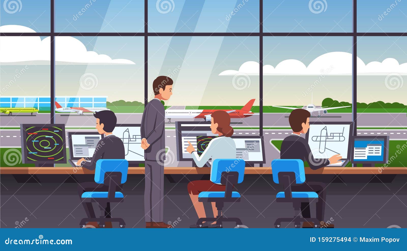 Controllers Team Working with Plane on Runway Stock Vector ...