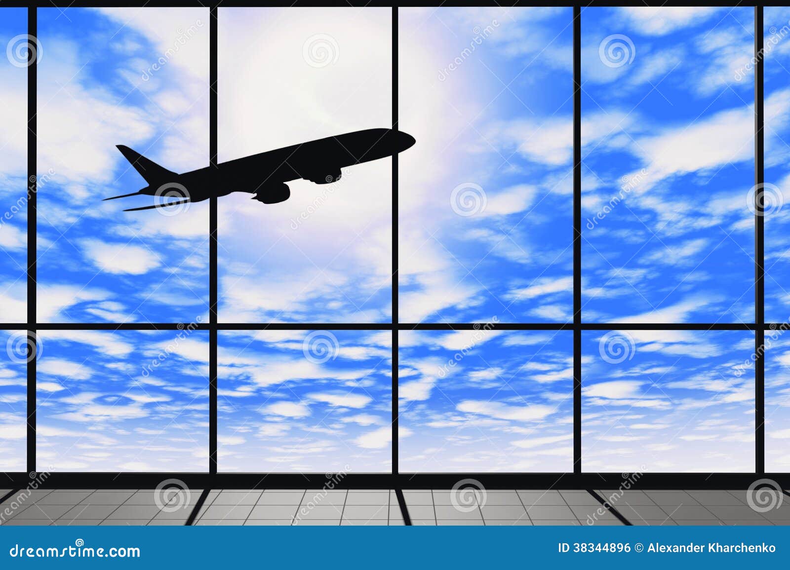 Airport Windows with Flying Airplane Stock Photo - Image of hallway ...