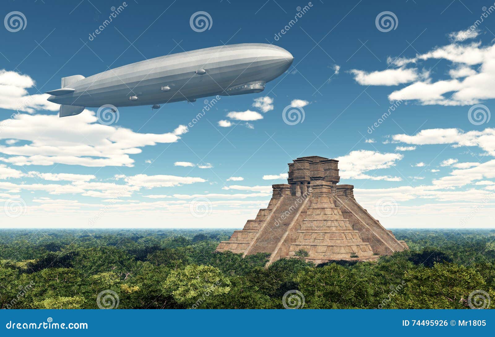 Airship and Mayan temple stock illustration. Illustration of computer ...