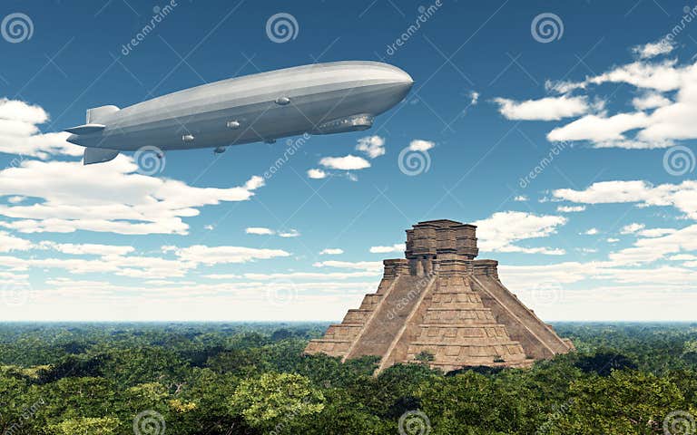 Airship and Mayan temple stock illustration. Illustration of computer ...