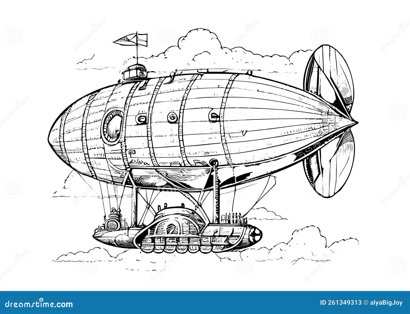Airship Retro Flying in the Clouds Hand Drawn Sketch Engraving Style ...