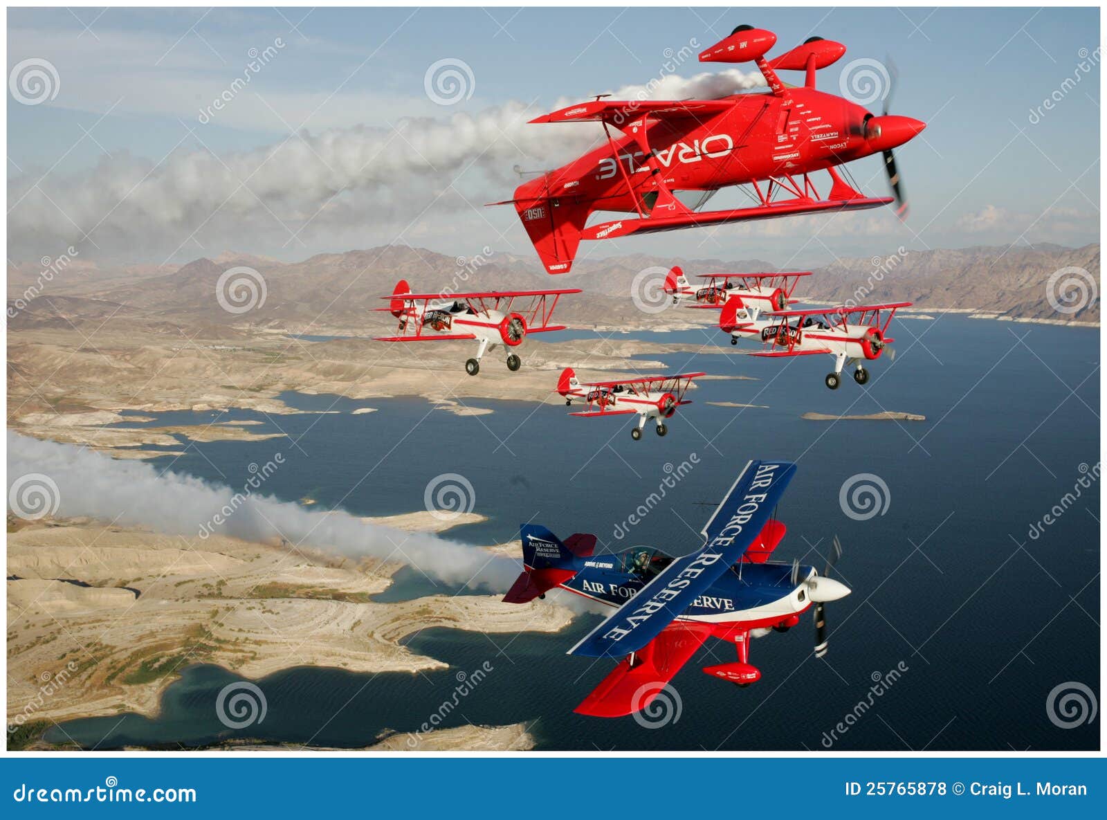 Squadron Of Planes Fly With Color Trail In Blue Red White Stock ...