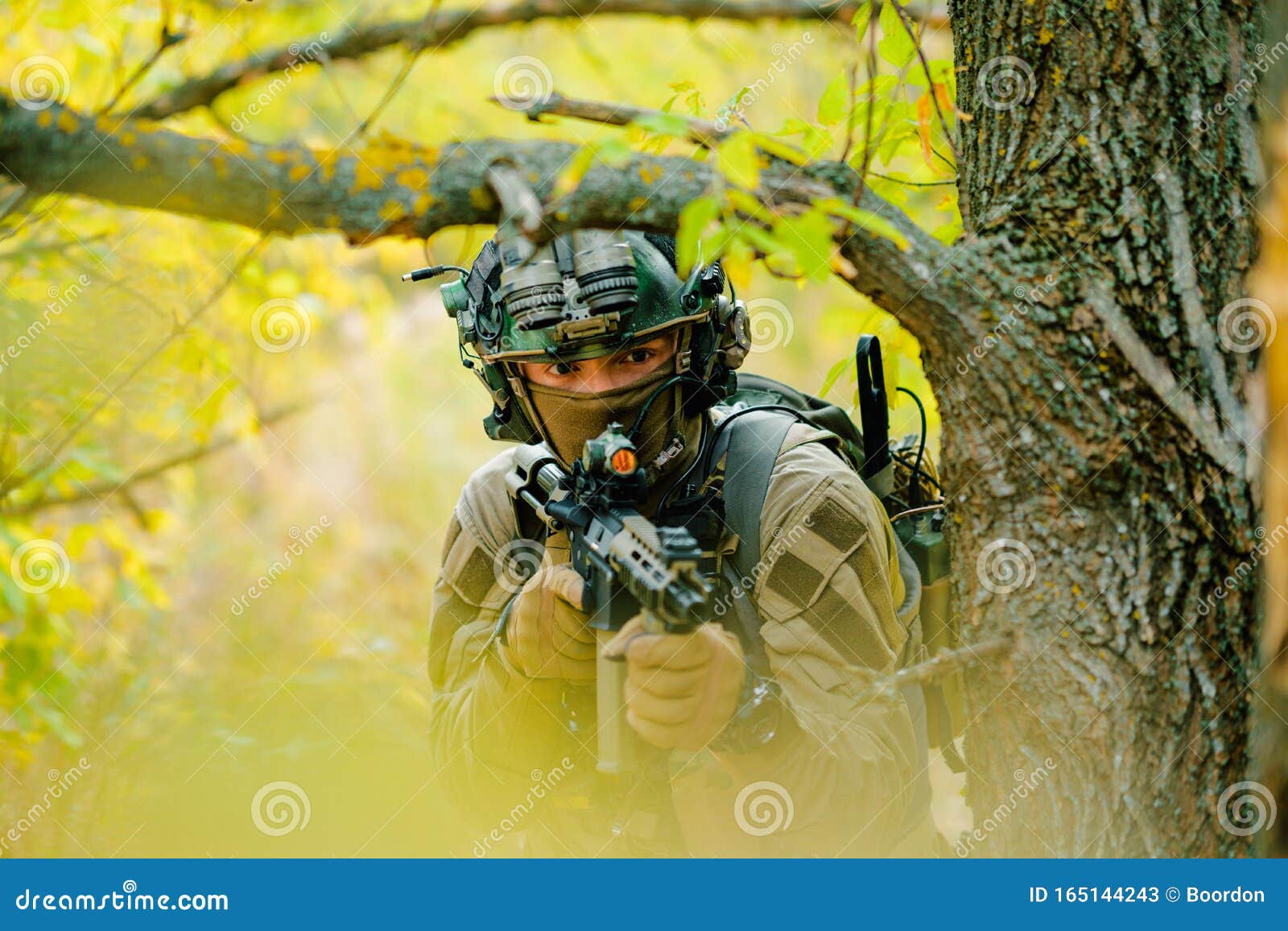 Airsoft Man in Uniform with Machine Gun beside Tree in the the Forest ...
