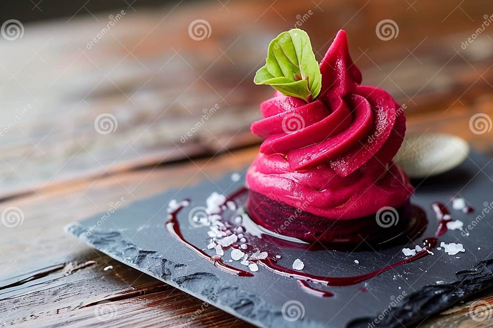 Airwhipped Beetroot Mousse on Slate with Garnish Stock Image - Image of ...