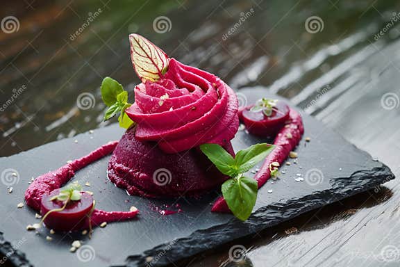 Airwhipped Beetroot Mousse on Slate with Garnish Stock Image - Image of ...