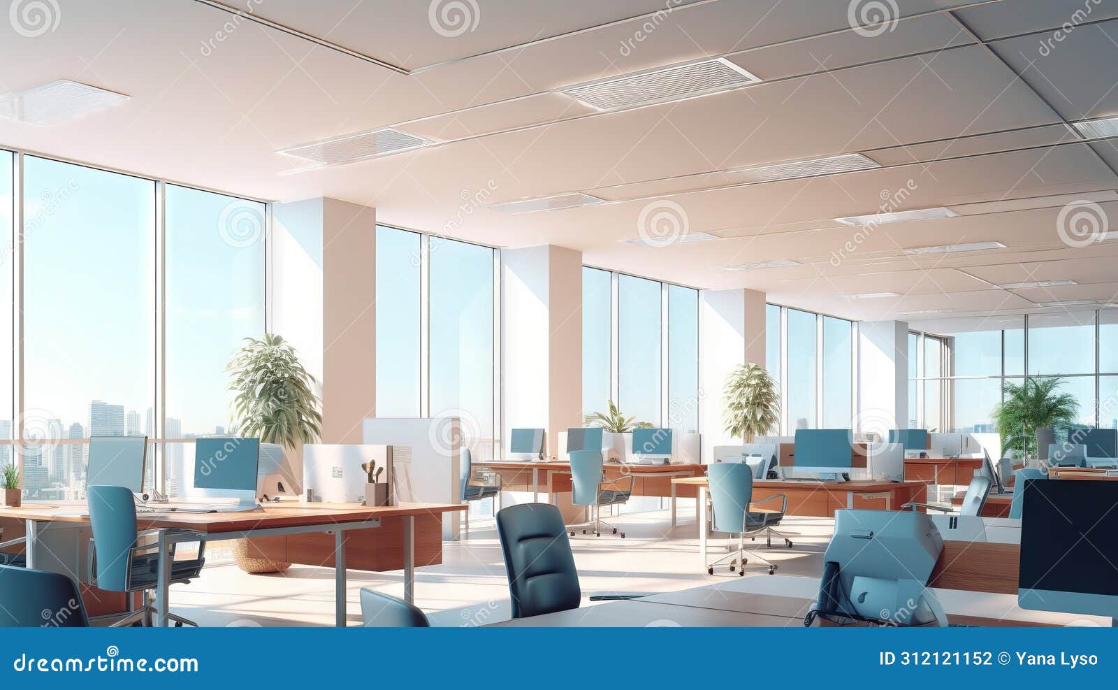 Airy Office Interior with Skyline Views and Ample Sunlight. Concept of ...