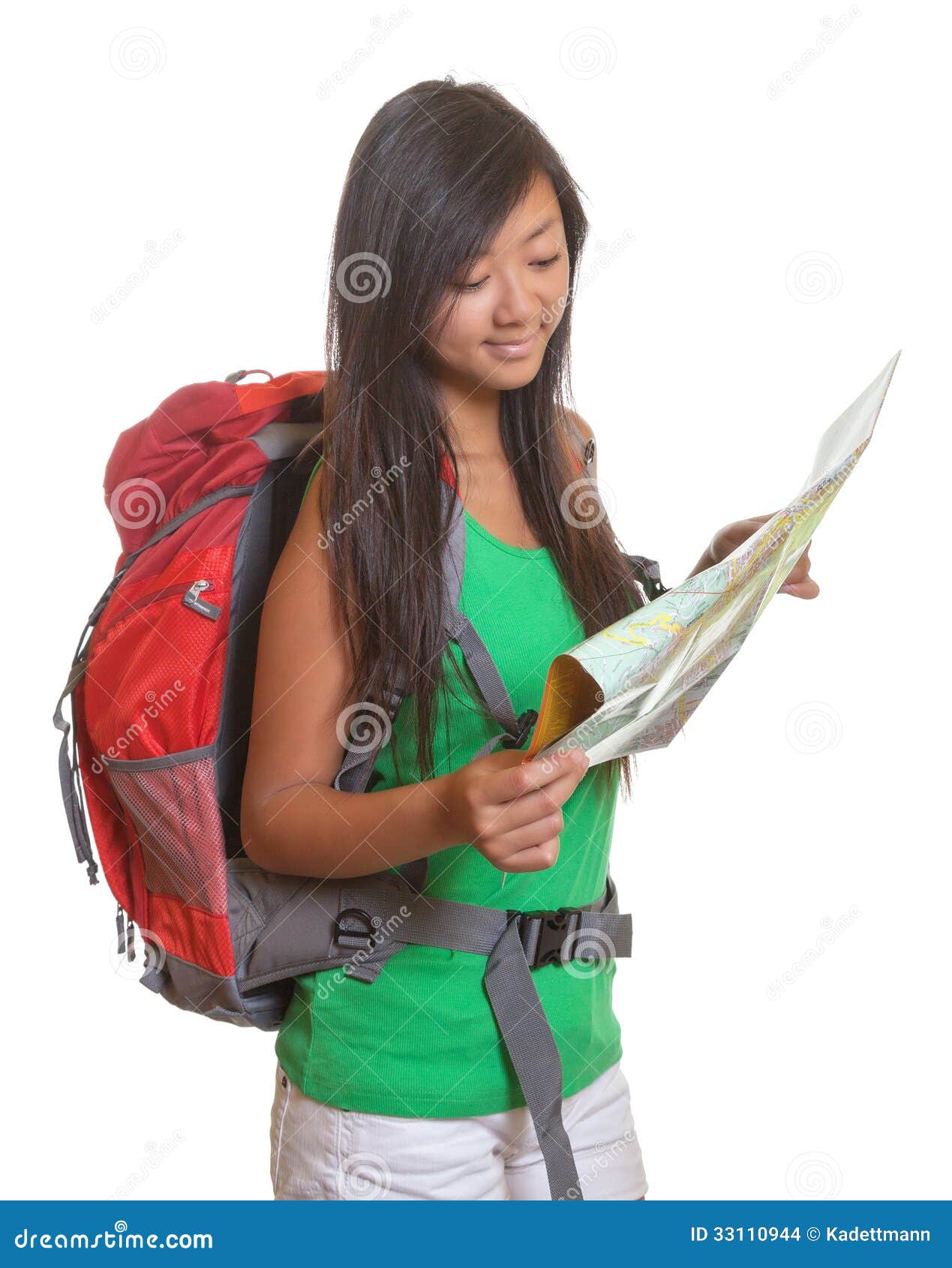 Asian Woman with Backpack and Map Stock Photo - Image of smile ...
