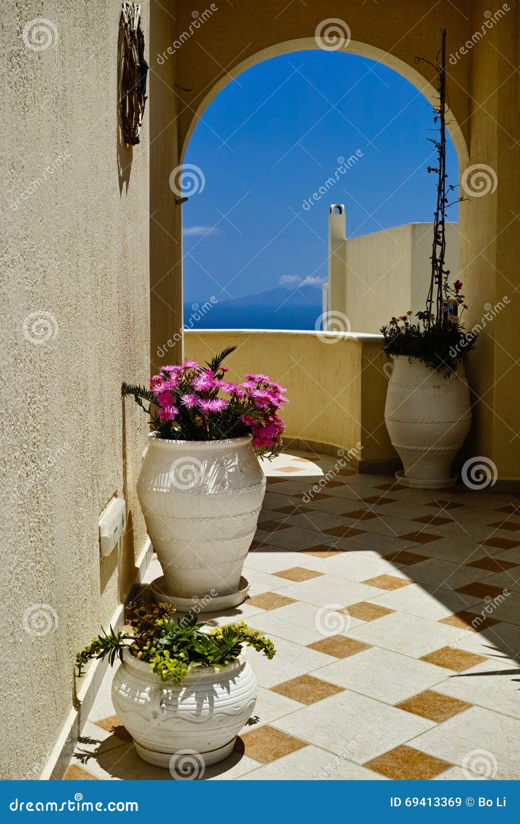 Aisle with flowers stock image. Image of detail, santorini - 69413369