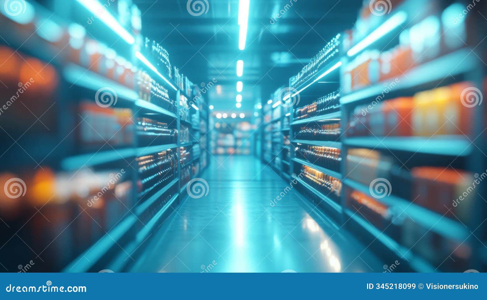 Aisle in a Grocery Store with Blue Lighting and Blurred Products Stock ...