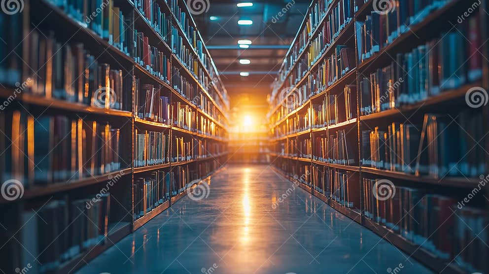 Aisle of Library with Books Illuminated by Sunset Stock Photo - Image ...